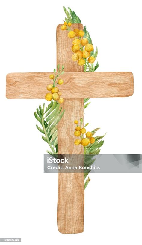 거룩한 그리스도 십자가 노란 미모사 가지가 있는 나무 십자가의 수채화 그림 0명에 대한 스톡 벡터 아트 및 기타 이미지 0명 4월 공휴일 Istock