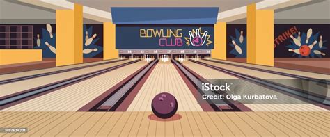만화 볼링 센터 내부입니다 스키틀이 있는 나무 골목 단체 게임 대회를 위한 공 빈 클럽 스포츠 및 여가 시간 엔터테인먼트 수평