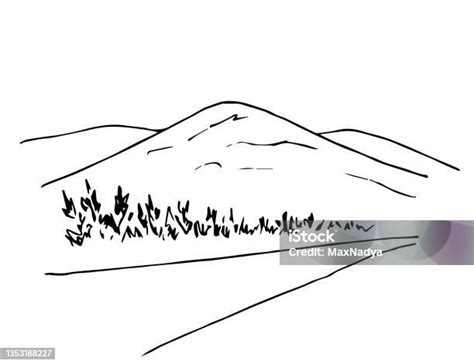 간단한 벡터 손 그려진 윤곽선 그리기 수평선 도로 덤불 언덕 잔디에 산의 실루엣 자연 풍경 공원에서 산책 인쇄 관광 여행 잉크 스케치 검은색에 대한 스톡 벡터 아트 및 기타