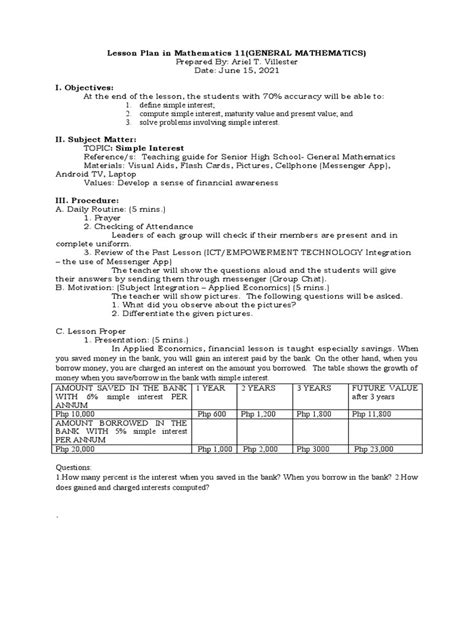 A Comprehensive Lesson Plan On Calculating Simple Interest Pdf