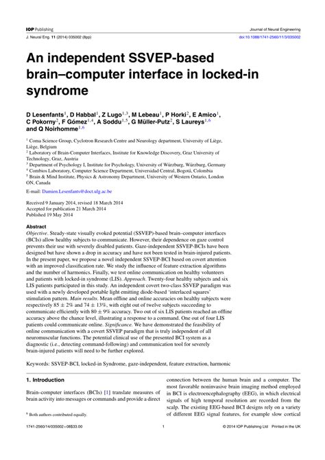Pdf An Independent Ssvep Based Brain Computer Interface In Locked In Syndrome