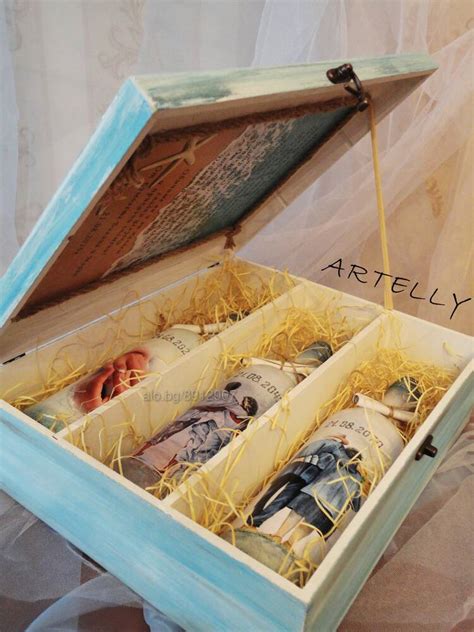 Бутилки за наричане в кутия подарък за младоженци Празнични украса Ръчно изработени