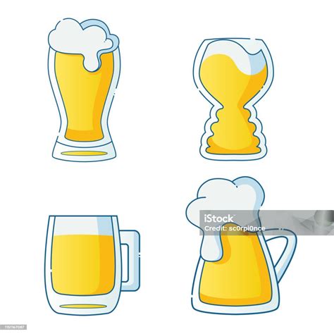 4 평면 손으로 그린 맥주 머그잔 아이콘 흰색 절연의 집합입니다 노란색 주황색 파란색 맥주의 날 파티 컨셉 0명에 대한 스톡