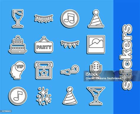 세트 라인 칵테일 마이크 사진 음악 노트 톤 간판 파티 케이크 와인 잔 및 깃발 아이콘이있는 카니발 화환 벡터 Pyrotechnic Effects에 대한 스톡 벡터 아트 및