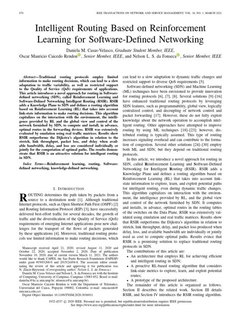 1 Intelligent Routing Based On Reinforcement Learning For Software Defined Networking Pdf