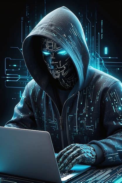 Hacker In A Hood Using A Laptop Coding And Data On A Code Background