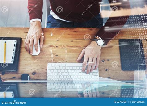 software hologram and hands at computer for coding data analytics and programming at office