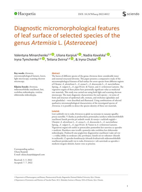 Pdf Diagnostic Micromorphological Features Of Leaf Surface Of Selected Species Of The Genus