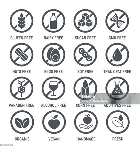 천연 제품 알레르기 증상 음식 편협 아이콘 세트 유제품 무료 글루텐 프리 무설탕 Gmo 프리 너트 프리 파라벤 무료 벡터 그림입니다 반죽 주식에 대한 스톡 벡터 아트 및