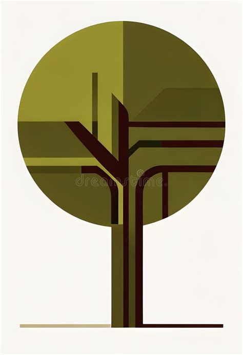 Abstract Geometric Tree With A Circular Canopy And A Rectangular Trunk In Limited Color Palette