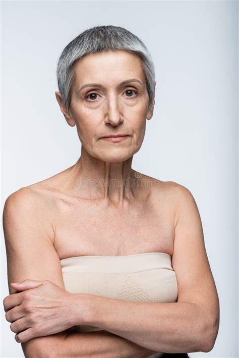 Middle Aged Woman With Bare Shoulders Stock Image Image Of Grey