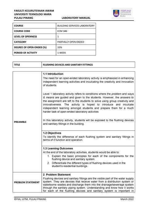 1 Flushing Devices And Sanitary System Civil Engineering Uitm Studocu