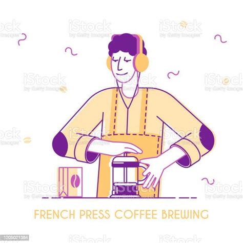 남성 바텐더 또는 힙스터 캐릭터 는 양조 프랑스 프레스 커피 개념을 확인합니다 커피숍 포스터 광고 배너 핫 드링크 메뉴 전단지 카페 브로셔 만화 플랫 벡터 일러스트 라인