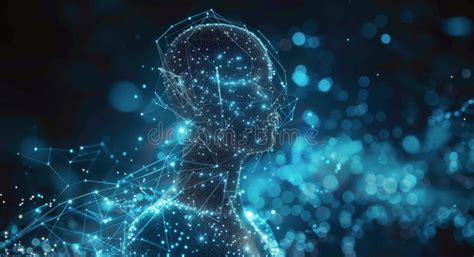 Abstract Digital Human Figure Composed Of Connecting Lines And Points On A Dark Blue Background