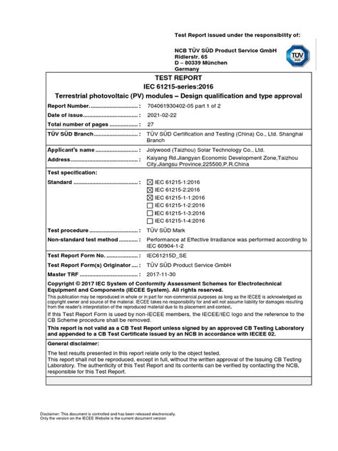 Test Report Iec 61215 Series2016 Terrestrial Photovoltaic Pv Modules