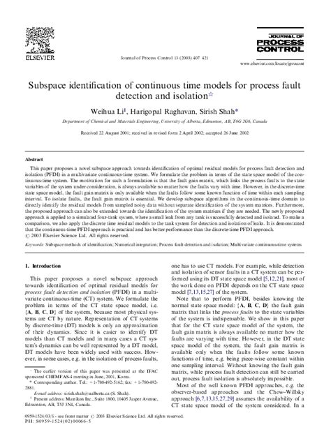 Pdf Subspace Identification Of Continuous Time Models For Process Fault Detection And Isolation