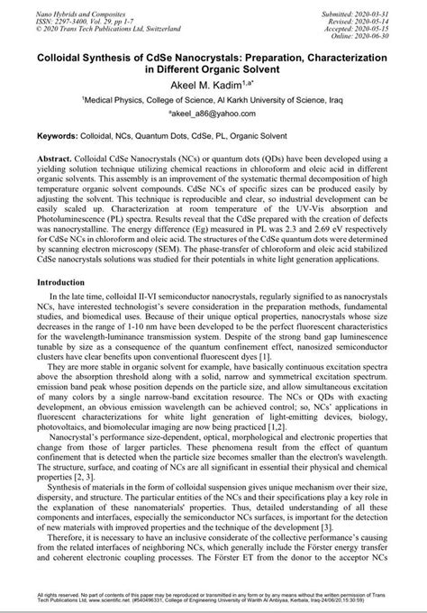 Pdf Colloidal Synthesis Of Cdse Nanocrystals Preparation Characterization In Different