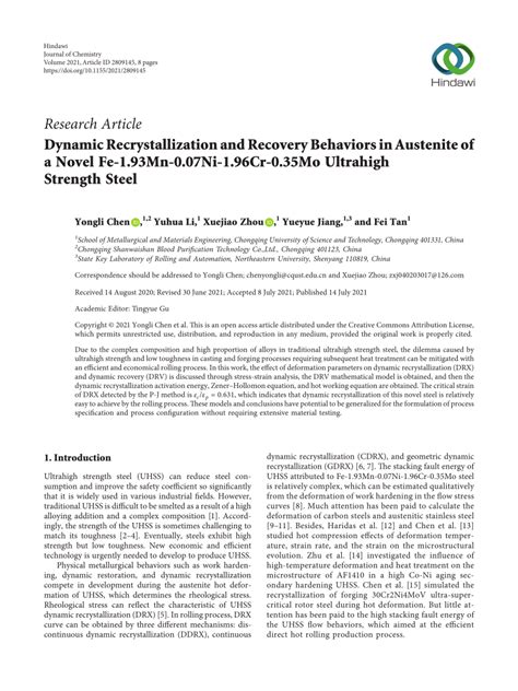 Pdf Dynamic Recrystallization And Recovery Behaviors In Austenite Of A Novel Fe 1 93mn 0 07ni