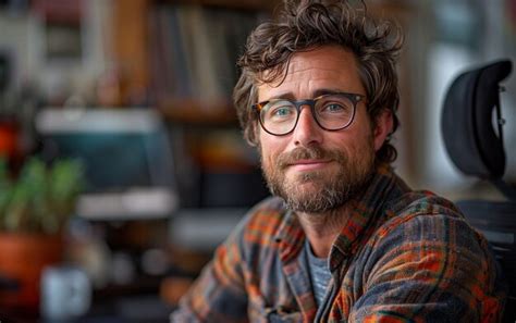 Man With Glasses Sitting In Front Of Bookshelf Generative Ai Premium Ai Generated Image