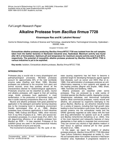 Pdf Alkaline Protease From Bacillus Firmus 7728