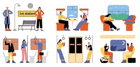 다른 운송 수단의 승객 기차나 지하철에서 사업을 하는 사람들 가는 길에 행복한 남자와 여자 지하철 객차에 서 있거나 앉아있는