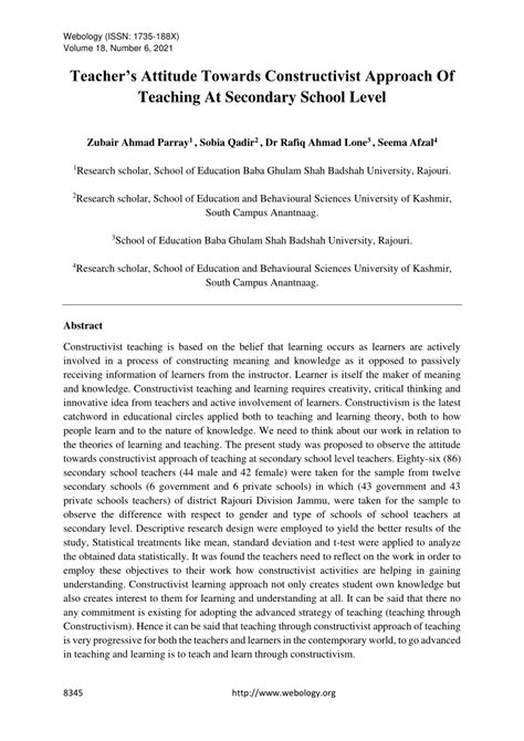 Pdf Teachers Attitude Towards Constructivist Approach Of Teaching At Secondary School Level