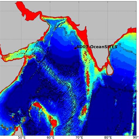 depth of seabed in meters in the arabian sea and the surrounding
