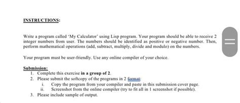 Solved Write A Program Called My Calculator Using Lisp