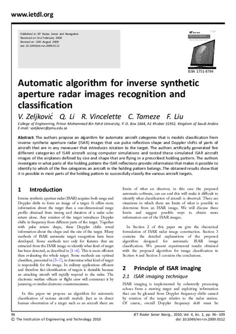 Pdf Automatic Algorithm For Inverse Synthetic Aperture Radar Images