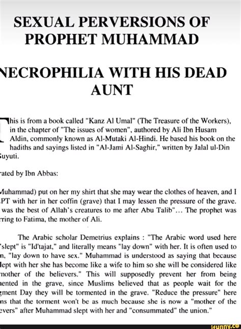 Sexual Perversions Of Prophet Muhammad Necrophilia With His Dead Aunt In The Chapter Of The