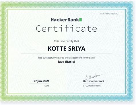 Earned Java Basic Certificate On Hackerrank Sriya Kotte Posted On The