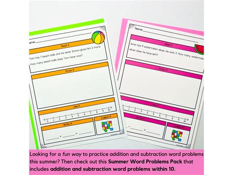 Summer Word Problems Printable Kindergarten Addition And Subtraction