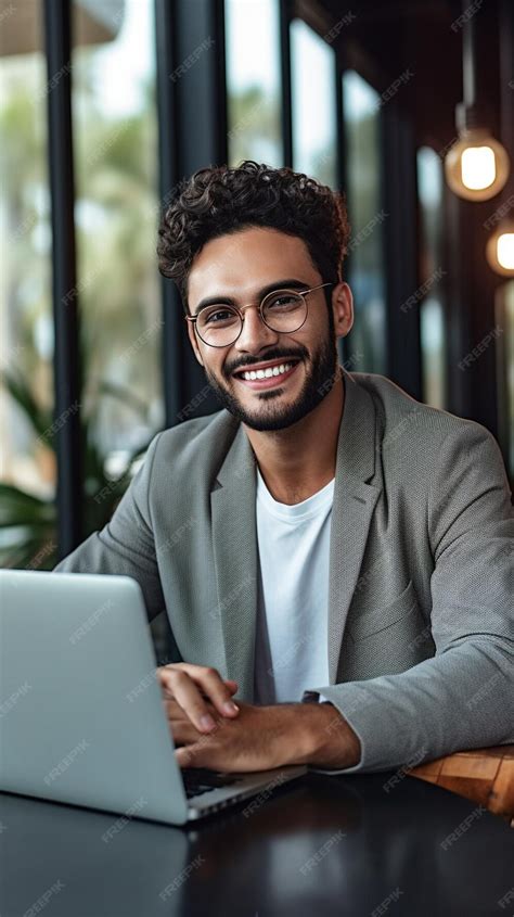 Premium Photo A Young Man Sits At A Desk With A Laptop And Smiles At The Camera