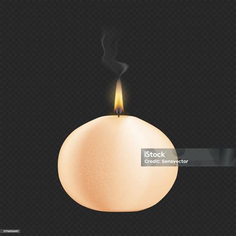 라운드 볼 스피어 파라핀 또는 천연 왁스 캔들 향기 또는 향기로운 향기 벡터 현실적인 촛불 화염과 연기로 심지를 태우고 밝은 불꽃을 불어 곡선에 대한 스톡 벡터 아트 및