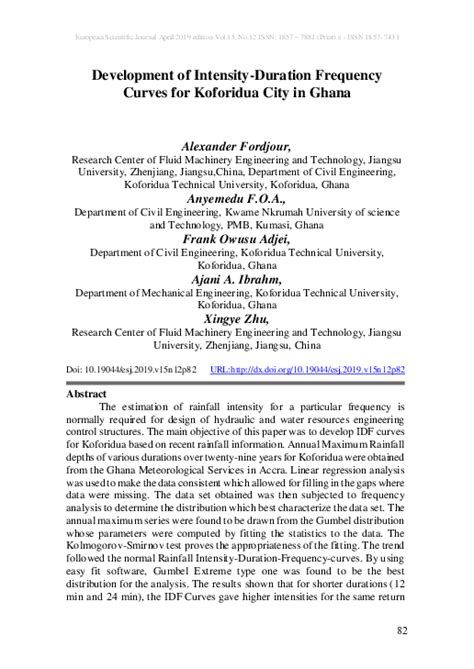Pdf Development Of Intensity Duration Frequency Curves For Koforidua City In Ghana