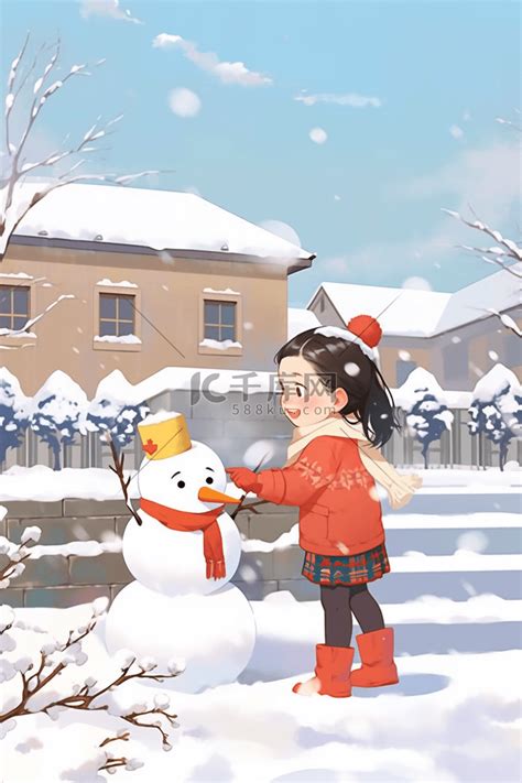 冬天可爱孩子手绘堆雪人插画图片 千库网