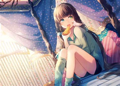 Safebooru 1girl Achiki Ahoge Bed Bent Knees Bird Brown Hair Cage