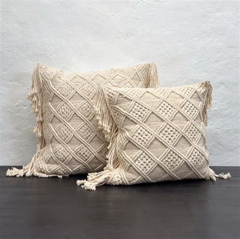Diamond Weave Fringed Macrame Cushion Orient House