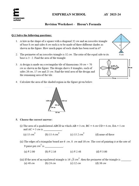 Gr9 Revision Worksheet Herons Formula Pdf