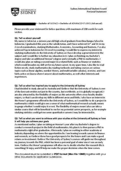 Usyd Personal Statement For Student Award Application By Calvin Lai