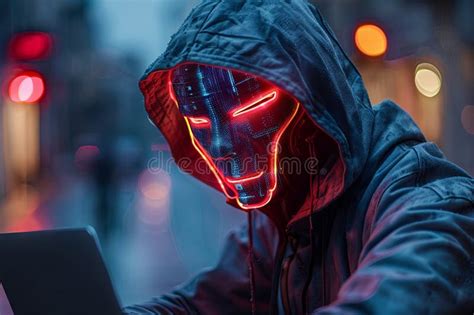 A Hacker In A Dark Hoodie With A Glowing Hologram Mask Using A Laptop On A Blue Background In