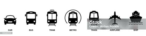 공기 자동차 철도 운송 실루엣 아이콘 세트 대중 교통 문자 그림 그림 정류장 표지판 자동차 버스 트램 기차 지하철 비행기 정면보기에서 선박 아이콘 격리된 벡터 일러스트 레이