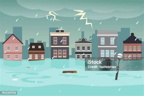 비와 폭풍을 동반한 마을의 홍수 재해 침수된 건물 기후 변화 벡터 일러스트 레이 션입니다 무너진에 대한 스톡 벡터 아트 및 기타 이미지 Istock