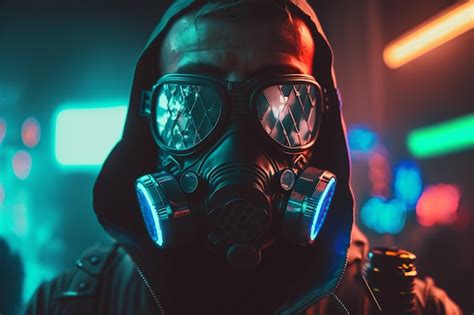 Premium Photo A Man Wearing A Gas Mask And A Hood Stands In Front Of A Neon Light