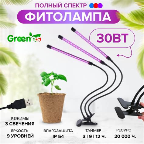 Фитолампа фитолампа для растений Greenes с таймером 30 Вт на