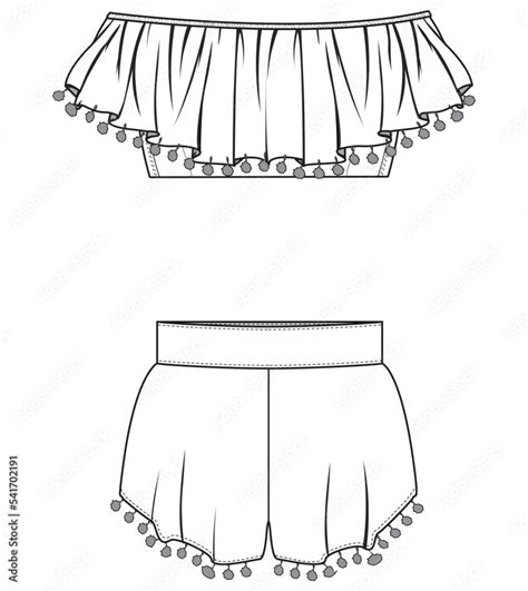 pom pom trim off shoulder crop top and shorts set fashion flat sketch