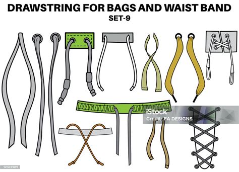 드로우 스트링 코드 플랫 스케치 벡터 일러스트 레이터 허리 밴드 가방 신발 재킷 반바지 바지 드레스 의류 당기거나 조일 의류 용