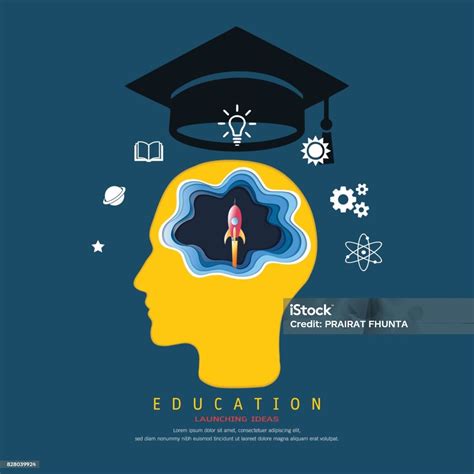 교육 및 학습 개념 발사 공간을 생각 하는 뇌와 머리 비행 로켓 그의 머리 위에 졸업 모자와 지식 아이콘 이다 대학교에 대한 스톡 벡터 아트 및 기타 이미지 Istock