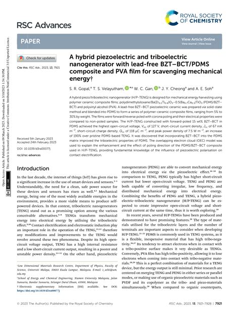 Pdf A Hybrid Piezoelectric And Triboelectric Nanogenerator With Lead