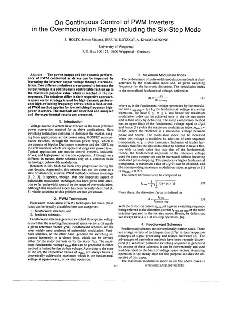 Pdf On Continuous Control Of Pwm Inverters In Overmodulation Range Including Six Step